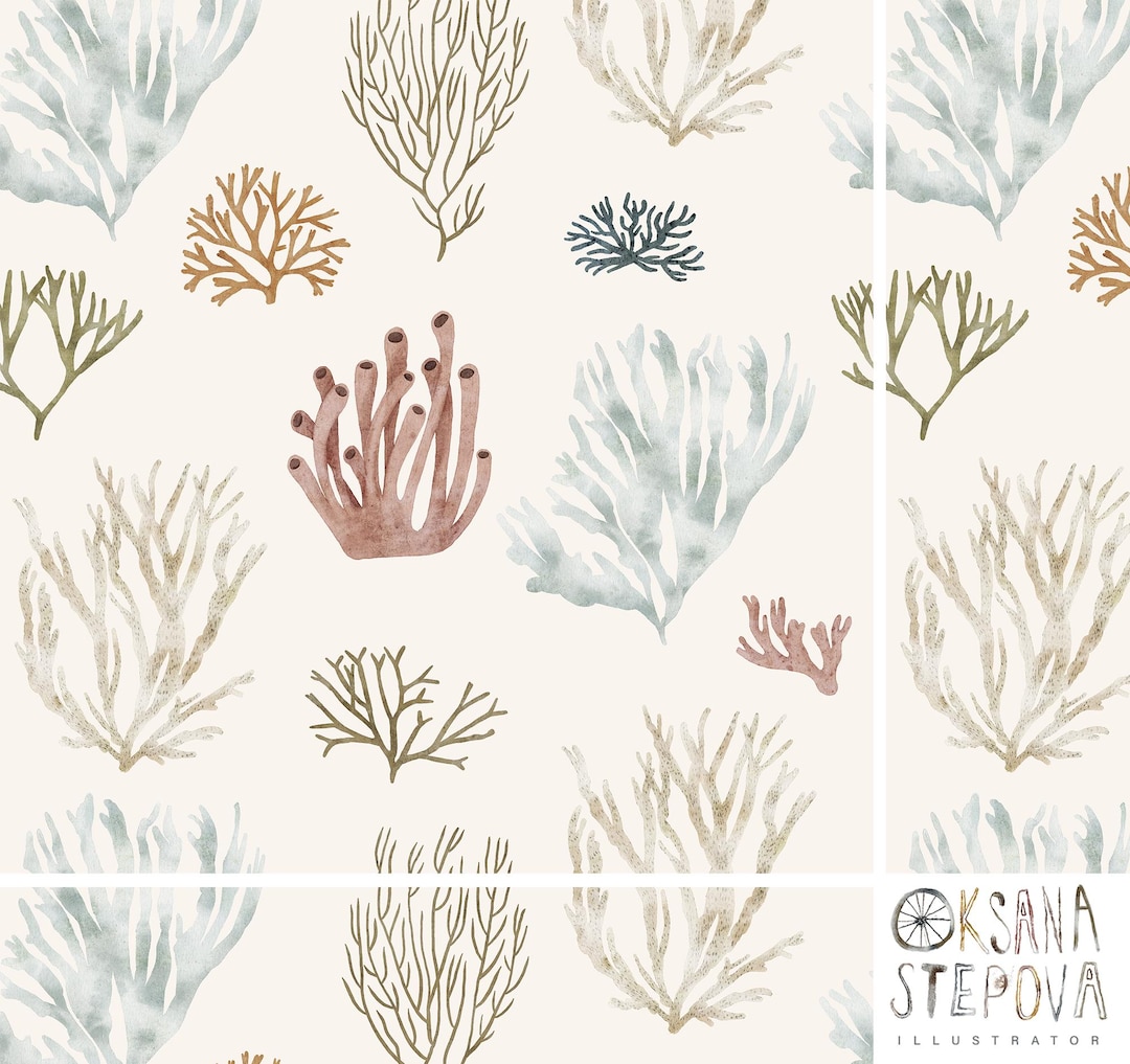 Watercolor Coral Reef Seamless Pattern | Ocean Seaweed Digital Paper ...