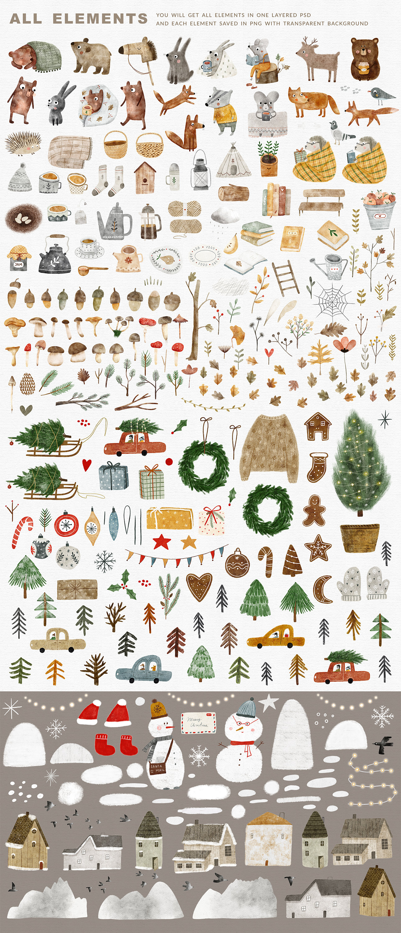 Autumn Winter Clipart for Kids Watercolor Paintings Christmas ...