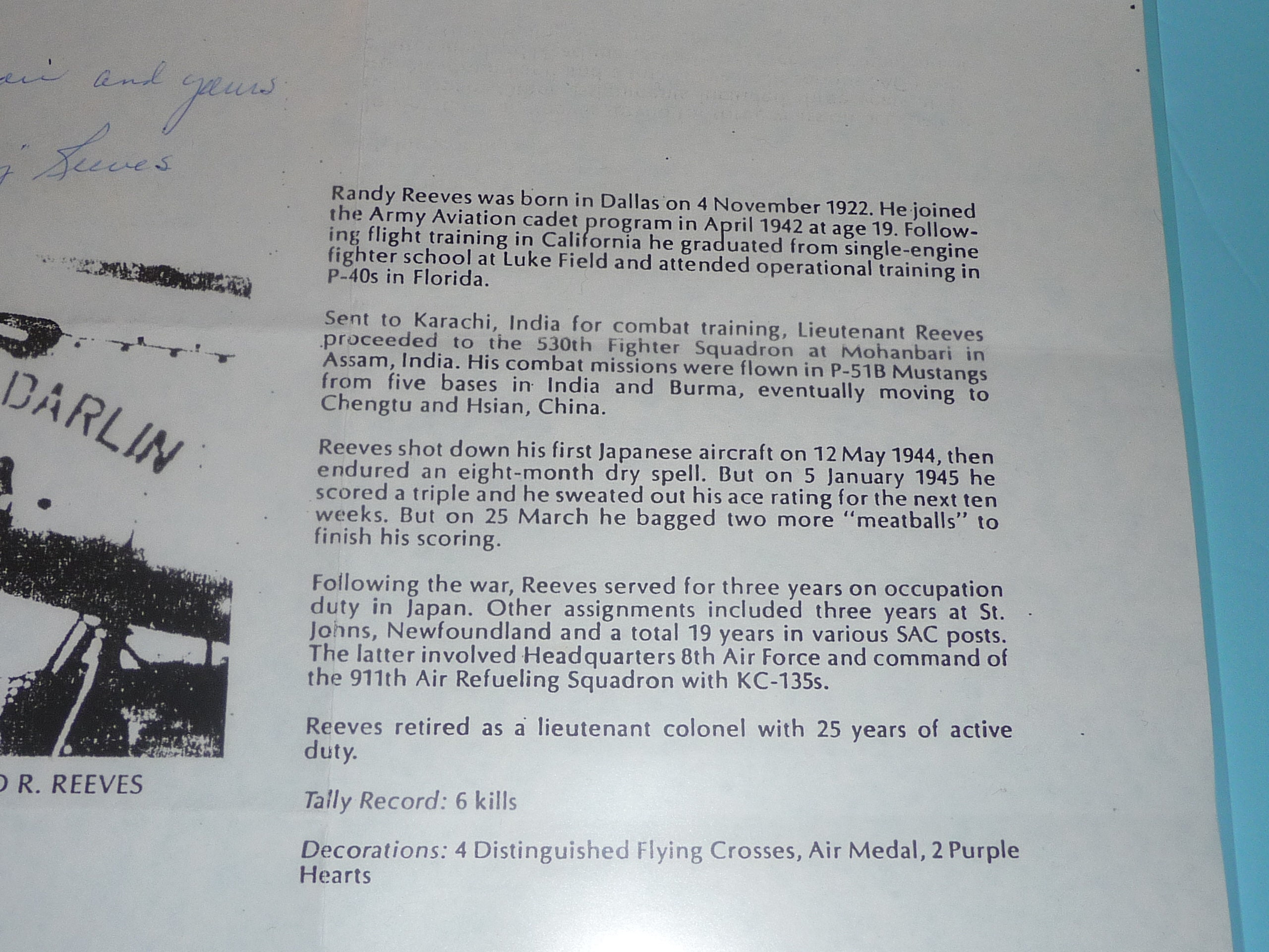 Military WW2 Ace Randy Reeves leonard R. Reeves, Lt. Col Genuine ...