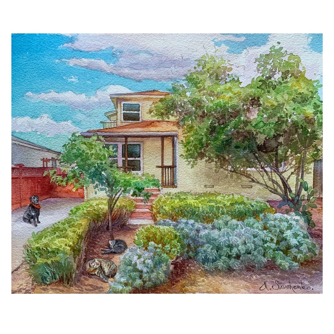 Custom House Portrait With Pets | Hand-painted Watercolor Home Gift - Etsy