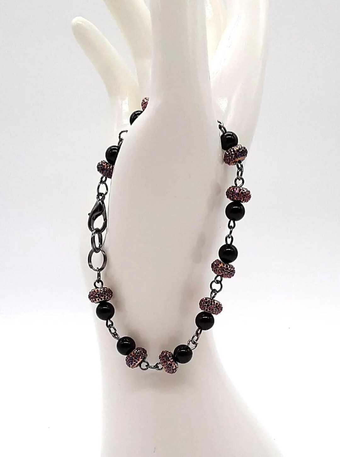 Black Bead Bracelet: Glitter Rondelle Accent, Adjustable Chain - Etsy