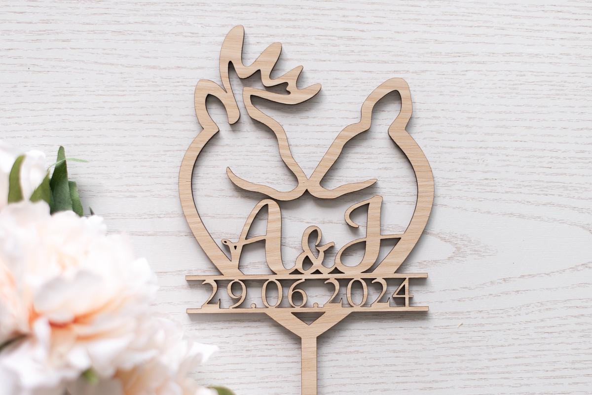Deer Wedding Cake Topper - Rustic Oak Veneer - Personalised - Stag and ...