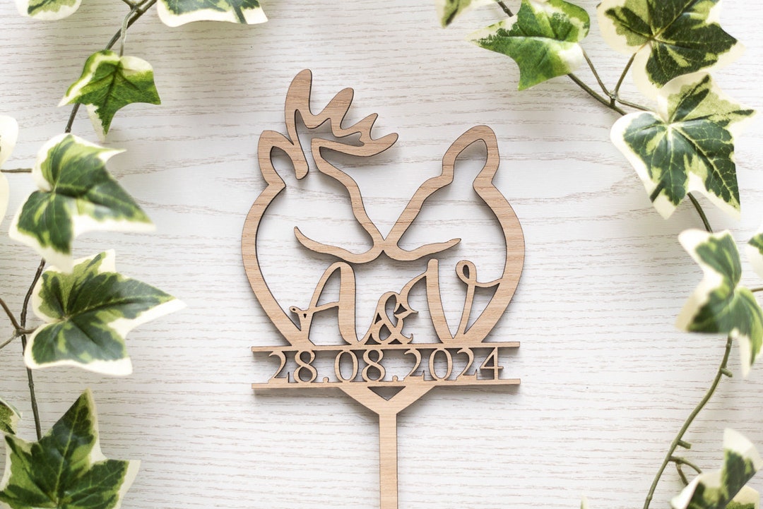 Deer Wedding Cake Topper Rustic Oak Veneer Personalised Stag and Doe ...