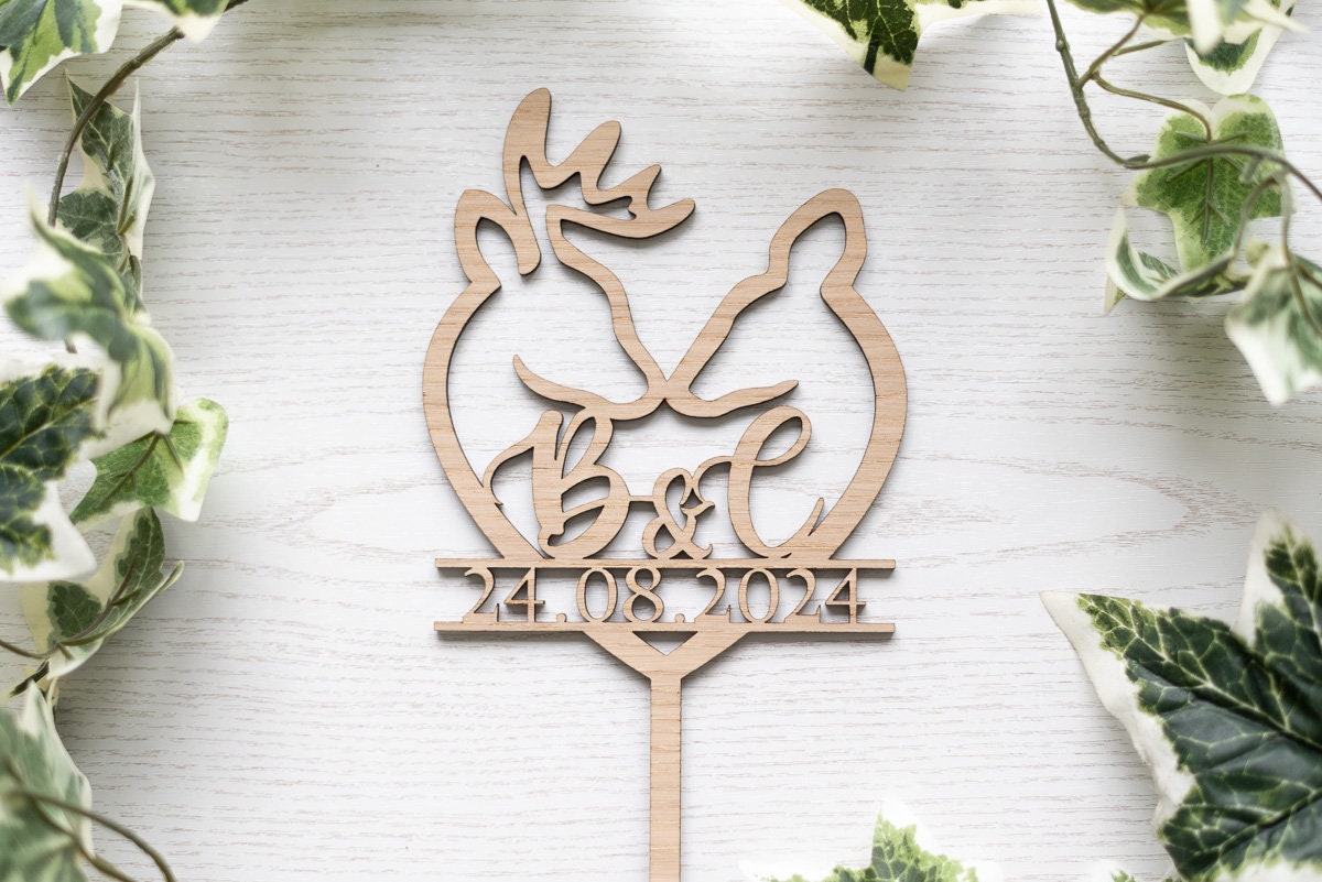 Deer Wedding Cake Topper - Rustic Oak Veneer - Personalised - Stag and ...