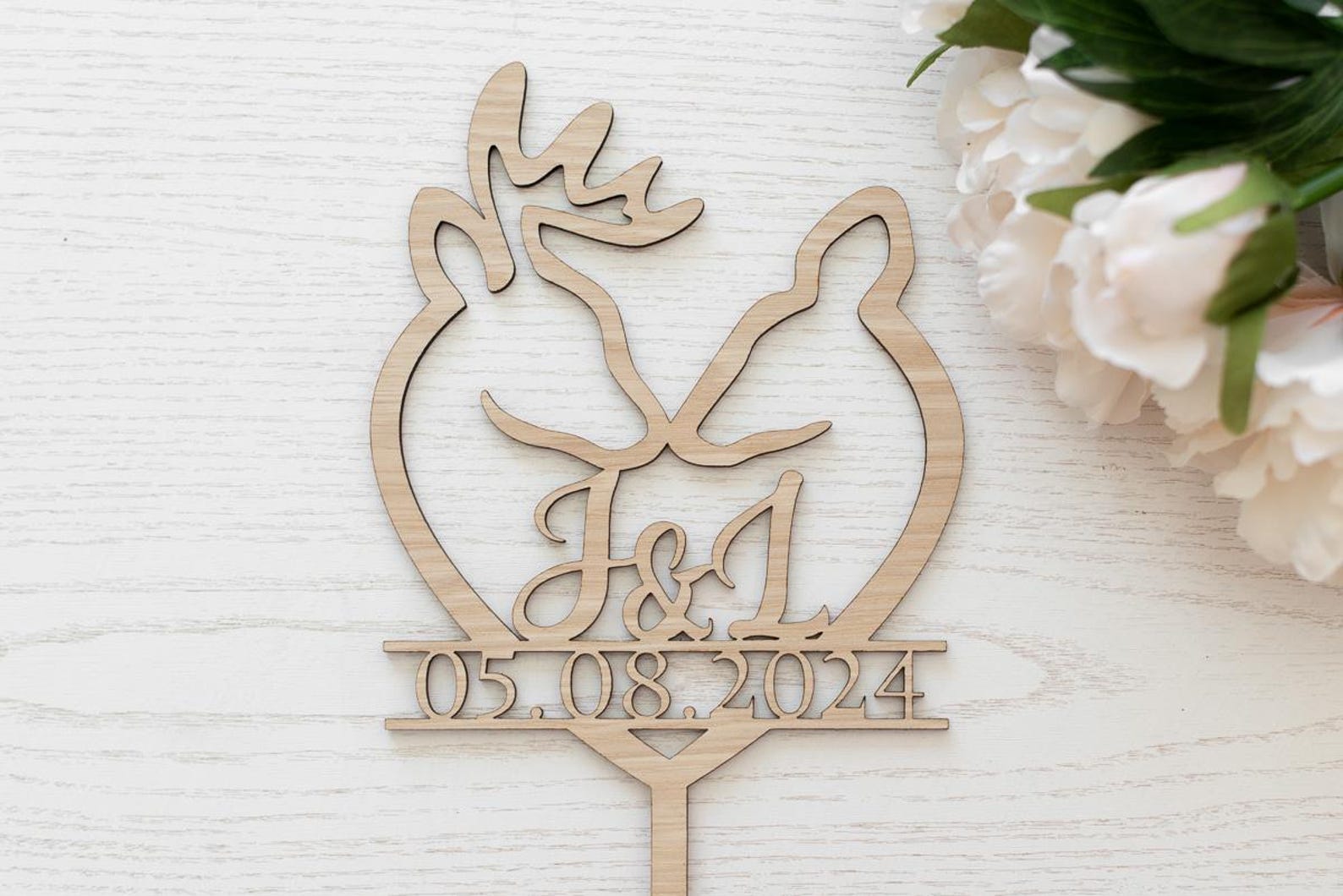 Deer Wedding Cake Topper - Rustic Oak Veneer - Personalised - Stag and ...
