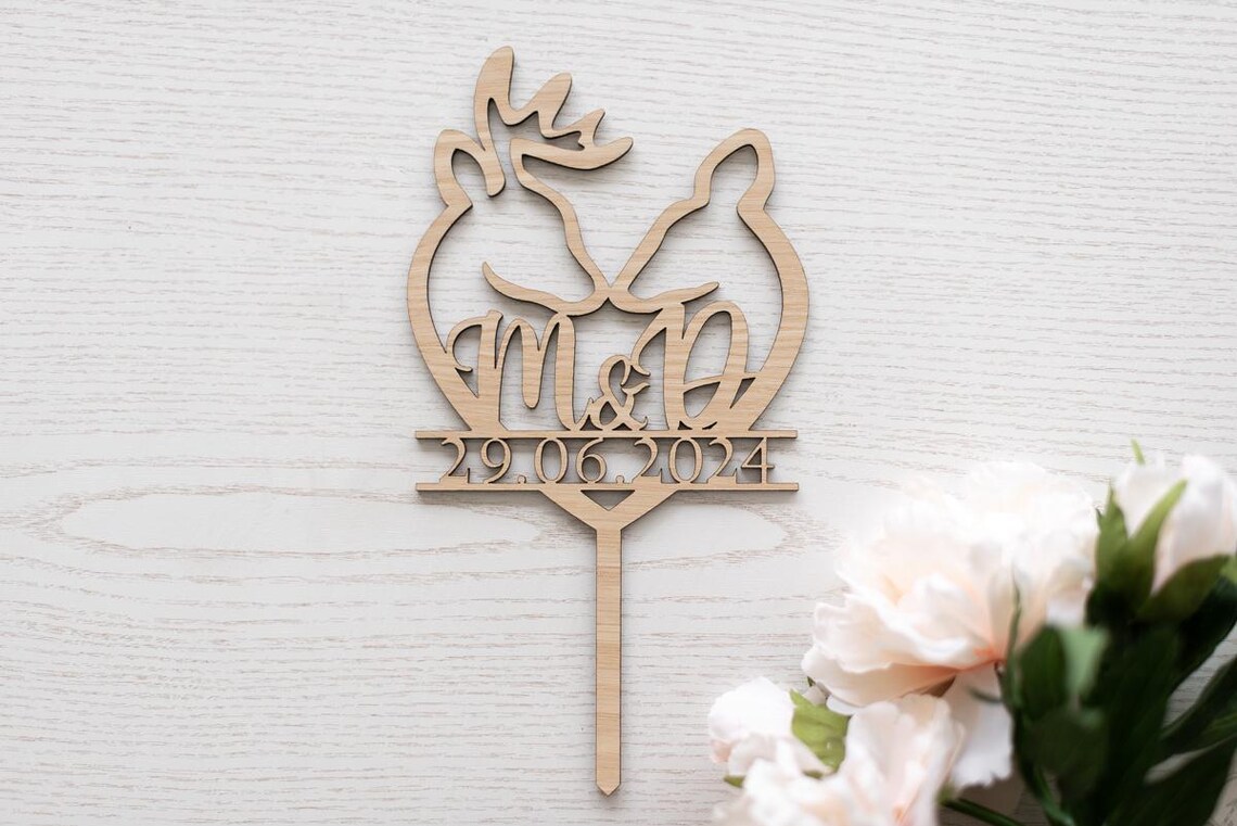 Deer Wedding Cake Topper - Rustic Oak Veneer - Personalised - Stag and ...