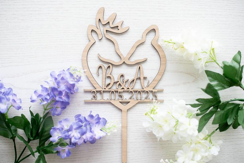 Deer Wedding Cake Topper - Rustic Oak Veneer - Personalised - Stag and ...