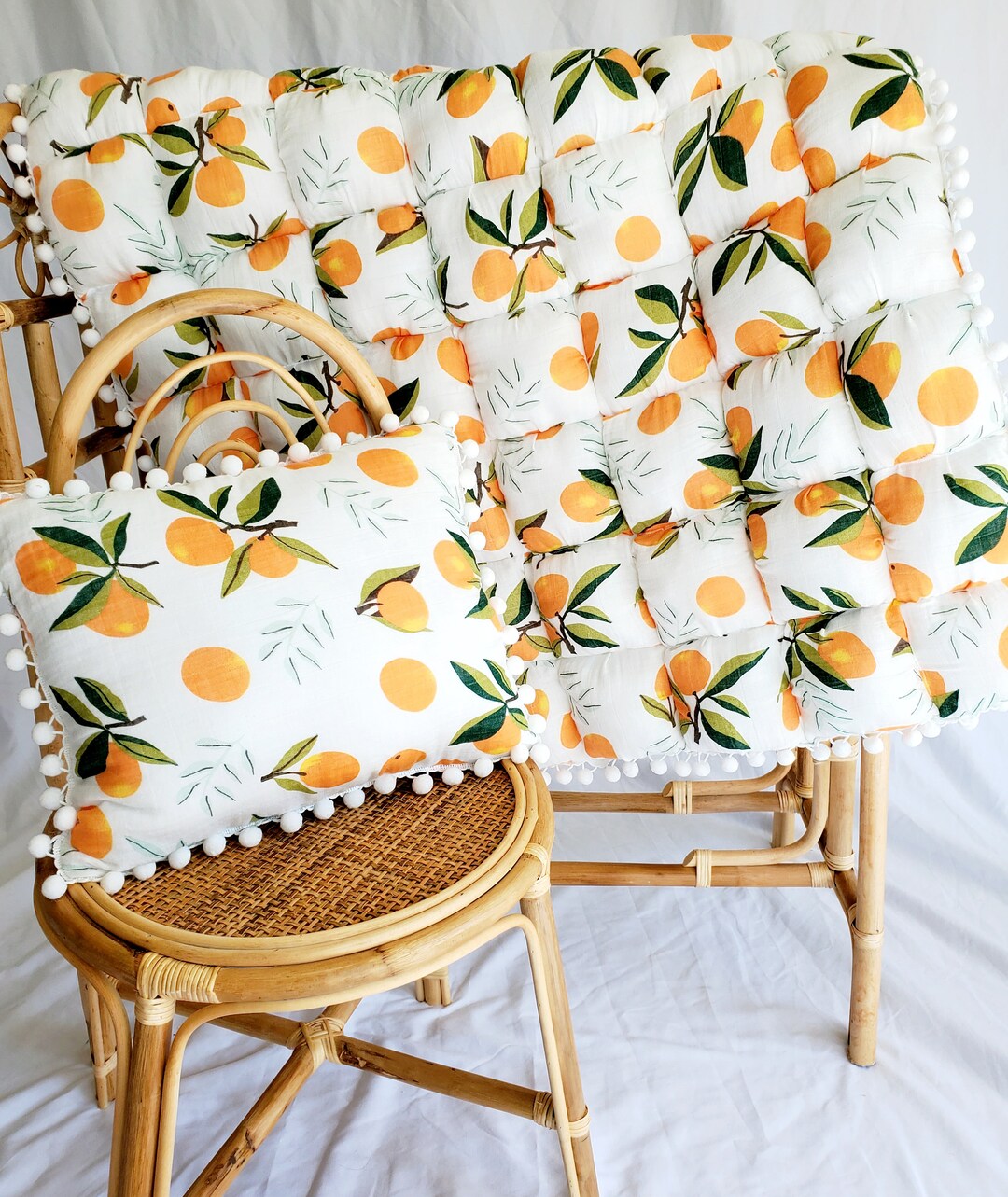 Organic Muslin Baby Quilt: Clementine Bubble Pockets, Pom Trim - Etsy