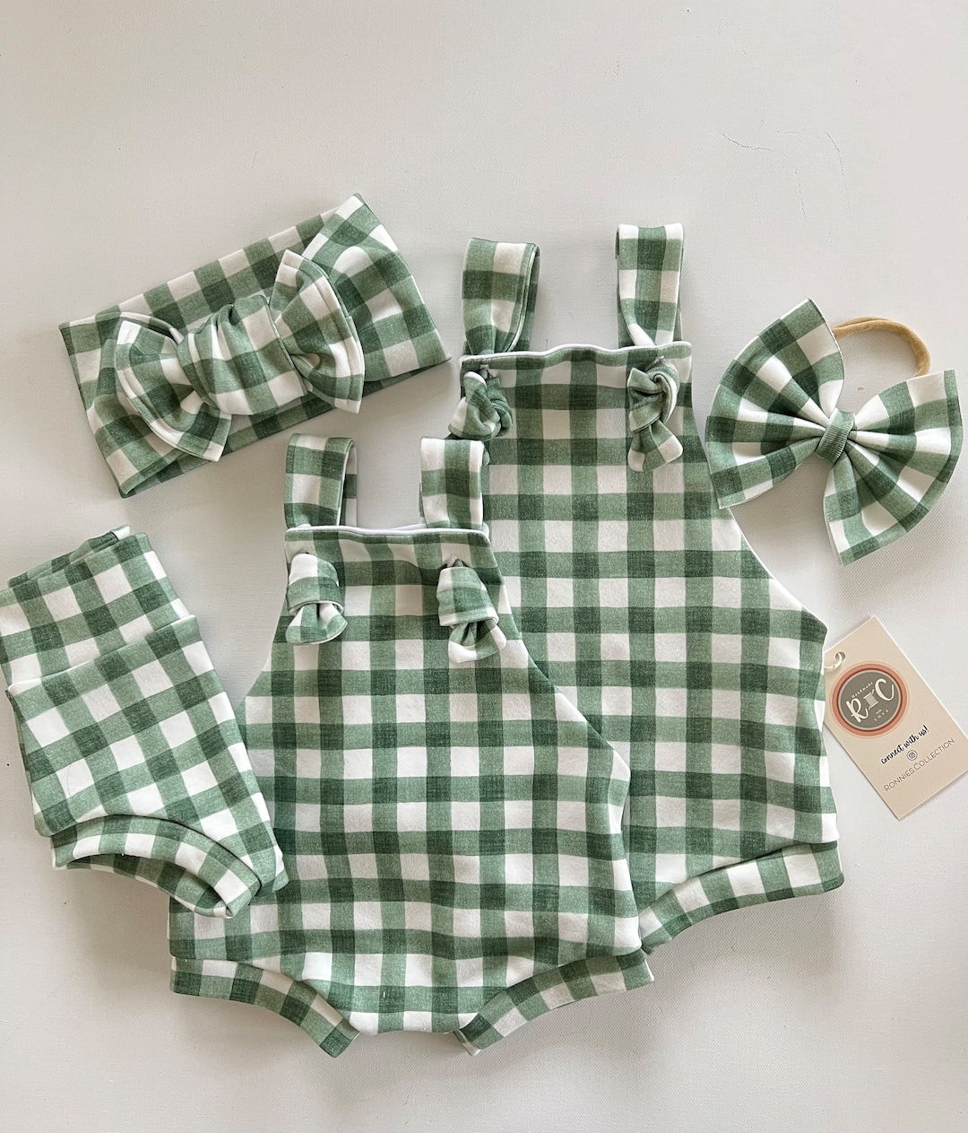 Gingham Baby Overalls Set: Organic Knit Bummies, Bow & Beanie - Etsy