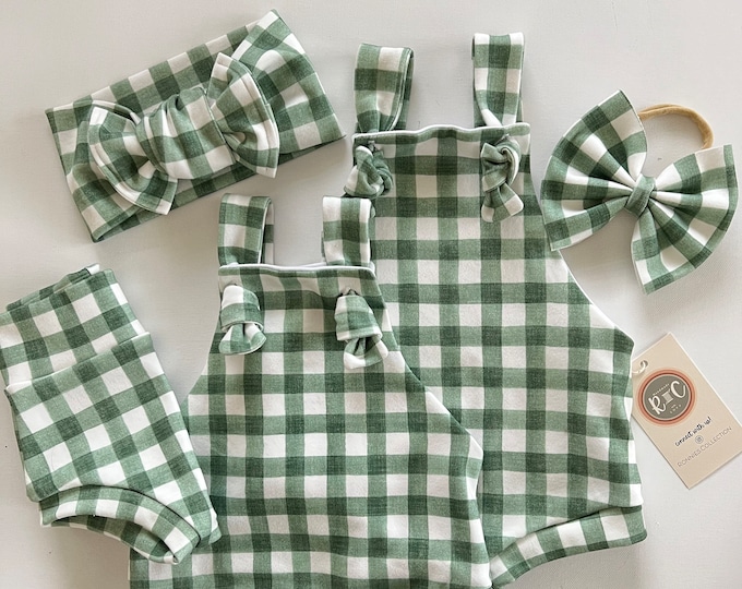 Gingham Overalls, Baby Girl Knotted Overalls, Plaid Bummies, Bummie Set ...