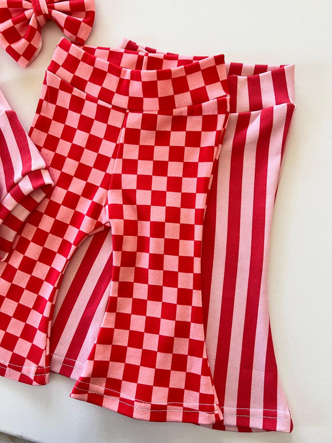 Retro Pink & Red Checkered Flare Pants, Baby Girl Bummies - Etsy