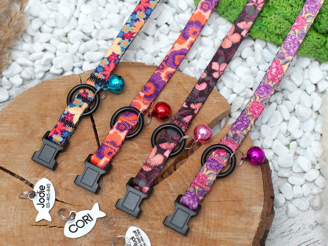 Personalized Cat Collar With Bell, Adjustable Cat Collars, Flower Print ...