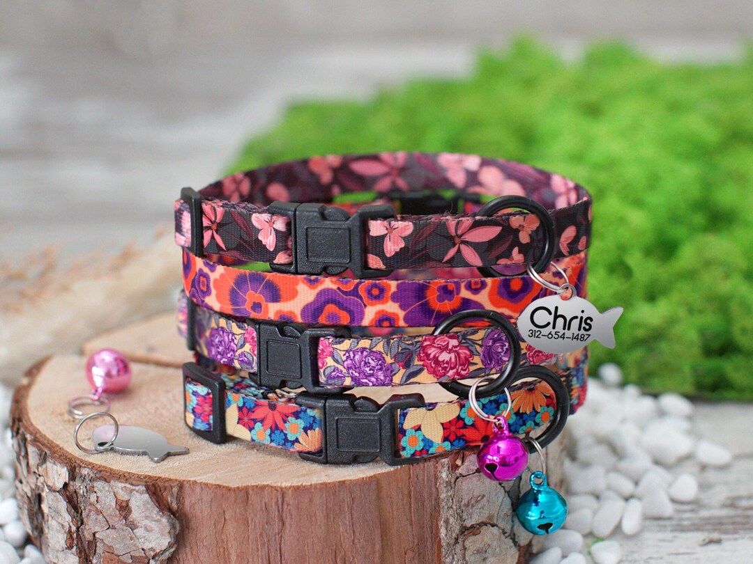 Breakaway Cat Collar - 4 Floral Prints, Personalized Pet Collars With ...