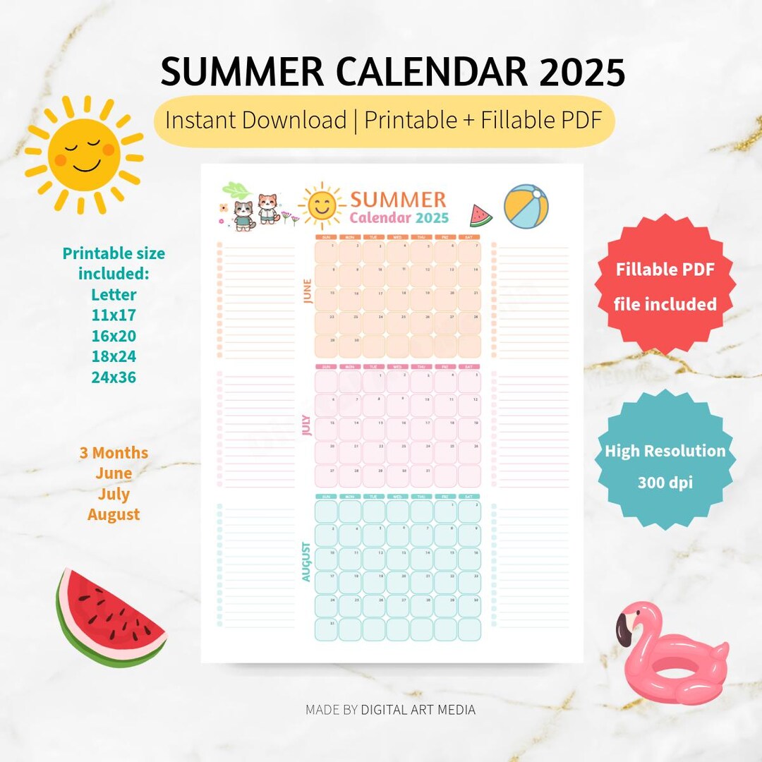 Fillable & Printable Summer Calendar Planner | Kids Calendar | Instant ...