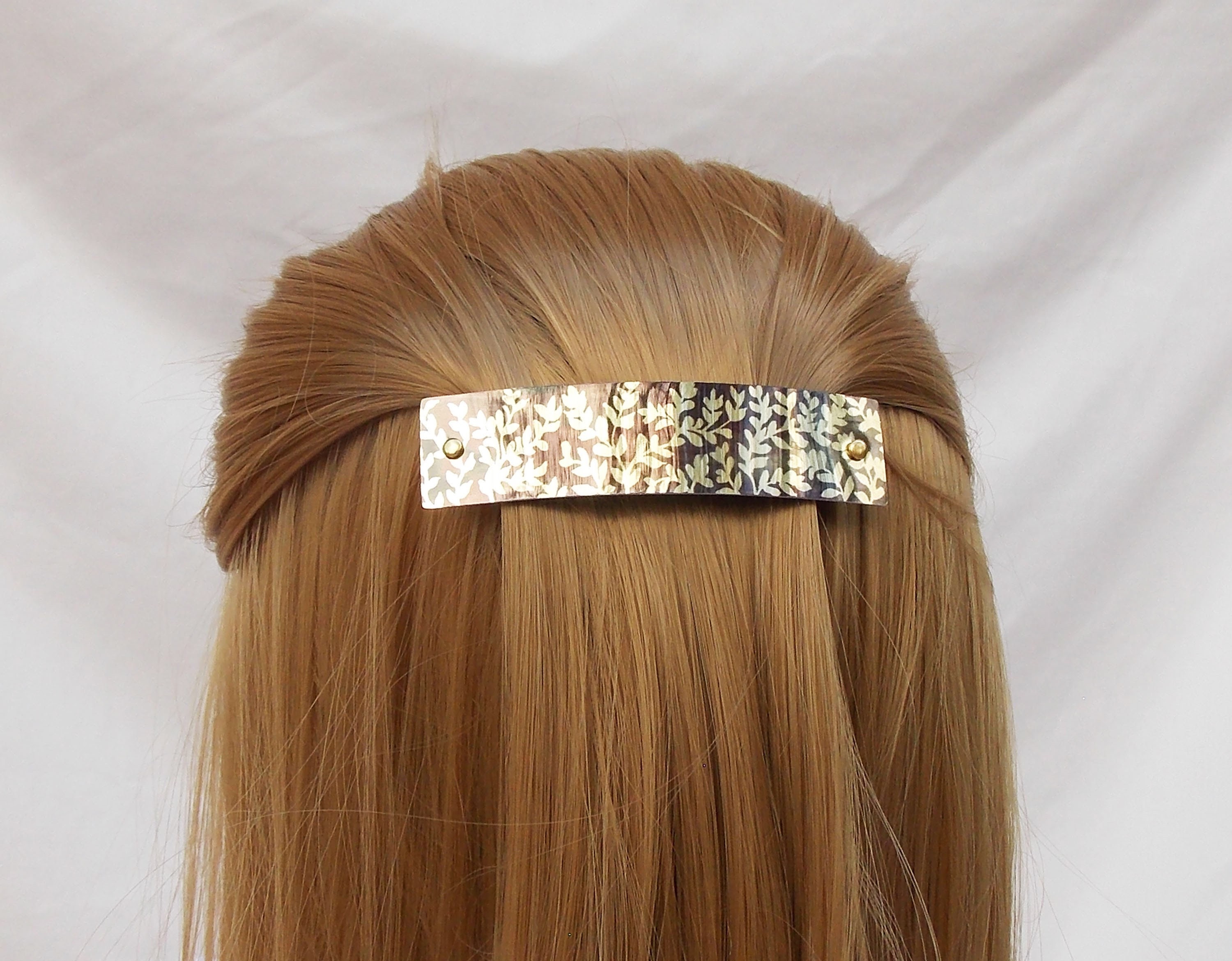 Leaf barrette French barrette gold barrette gray botanical | Etsy