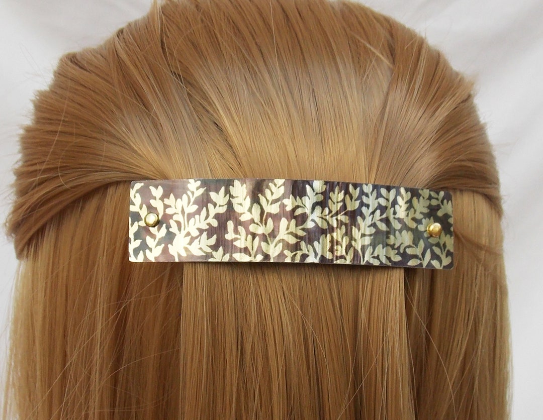 Leaf Barrette, French Barrette, Gold Barrette Gray, Botanical, Thick ...