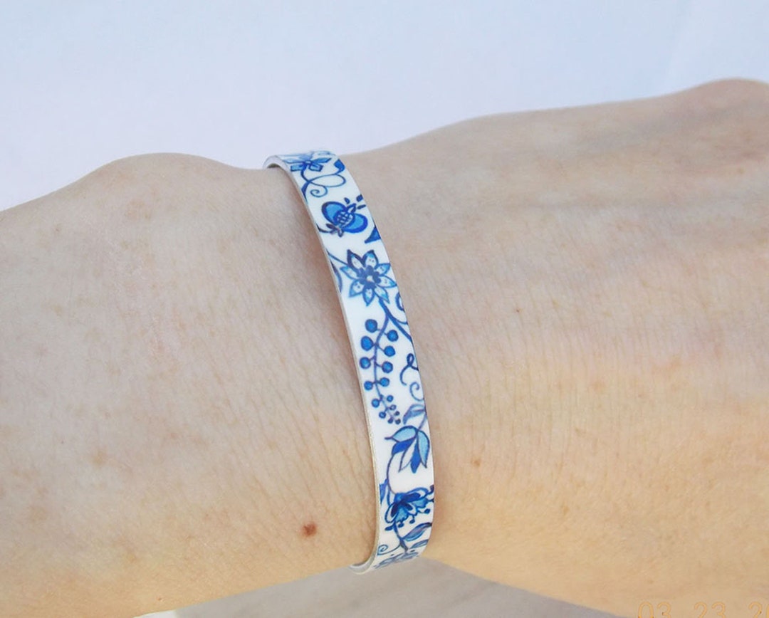 Blue and White Cuff, Blue Bracelet, Floral Cuff, Thin Cuff, Delft Blue ...