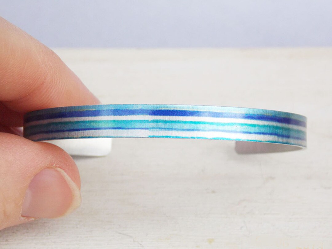 Blue Line Cuff, Turquoise Silver Cuff Bracelet, Adjustable, Watercolor ...