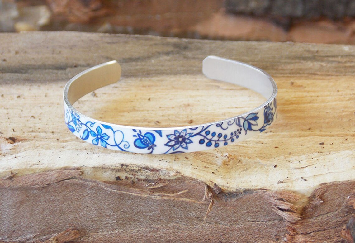 Blue and White Cuff, Blue Bracelet, Floral Cuff, Thin Cuff, Delft Blue ...