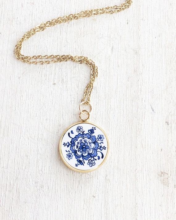 Delft Necklace Delft Floral Delftware Delft Blue Blue and - Etsy