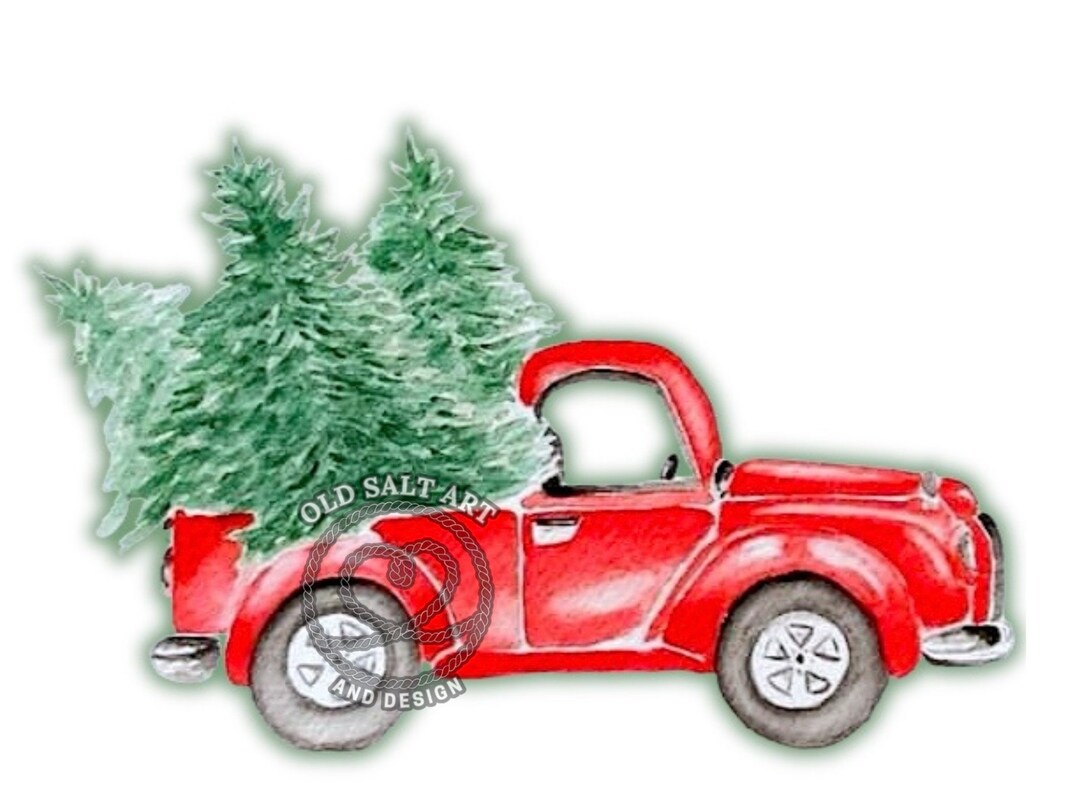 Christmas Red Truck Carrying Trees Watercolour Print Blank Greeting ...