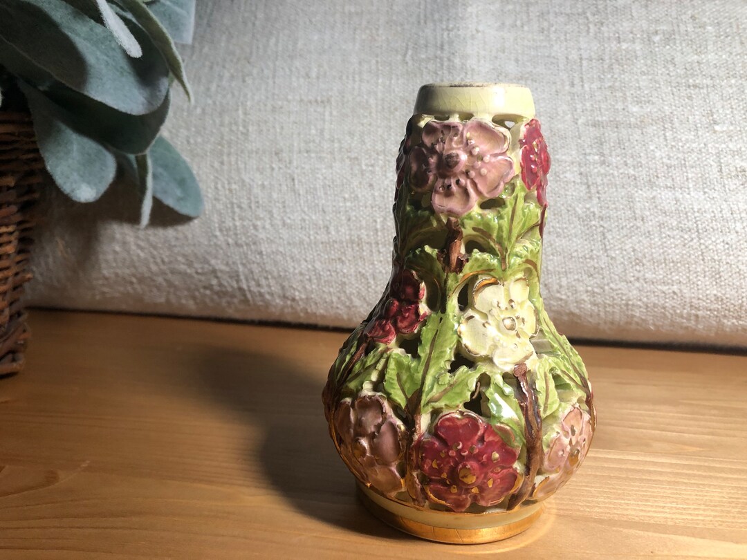 Antique Fischer Emil Art Pottery Vase Pink and Green - Etsy