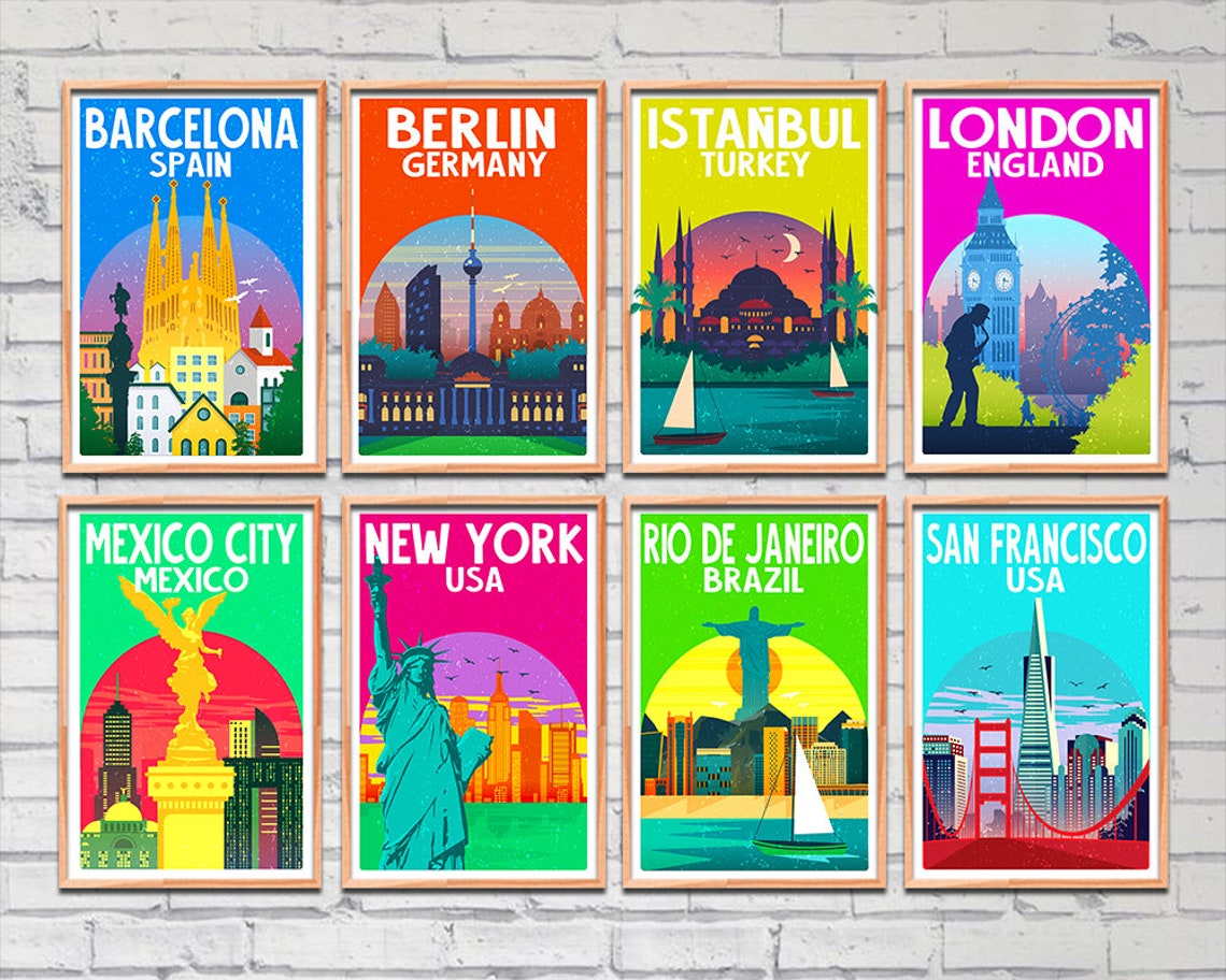 Bright Travel Posters, Poster Set, Art Download, Digital Prints ...
