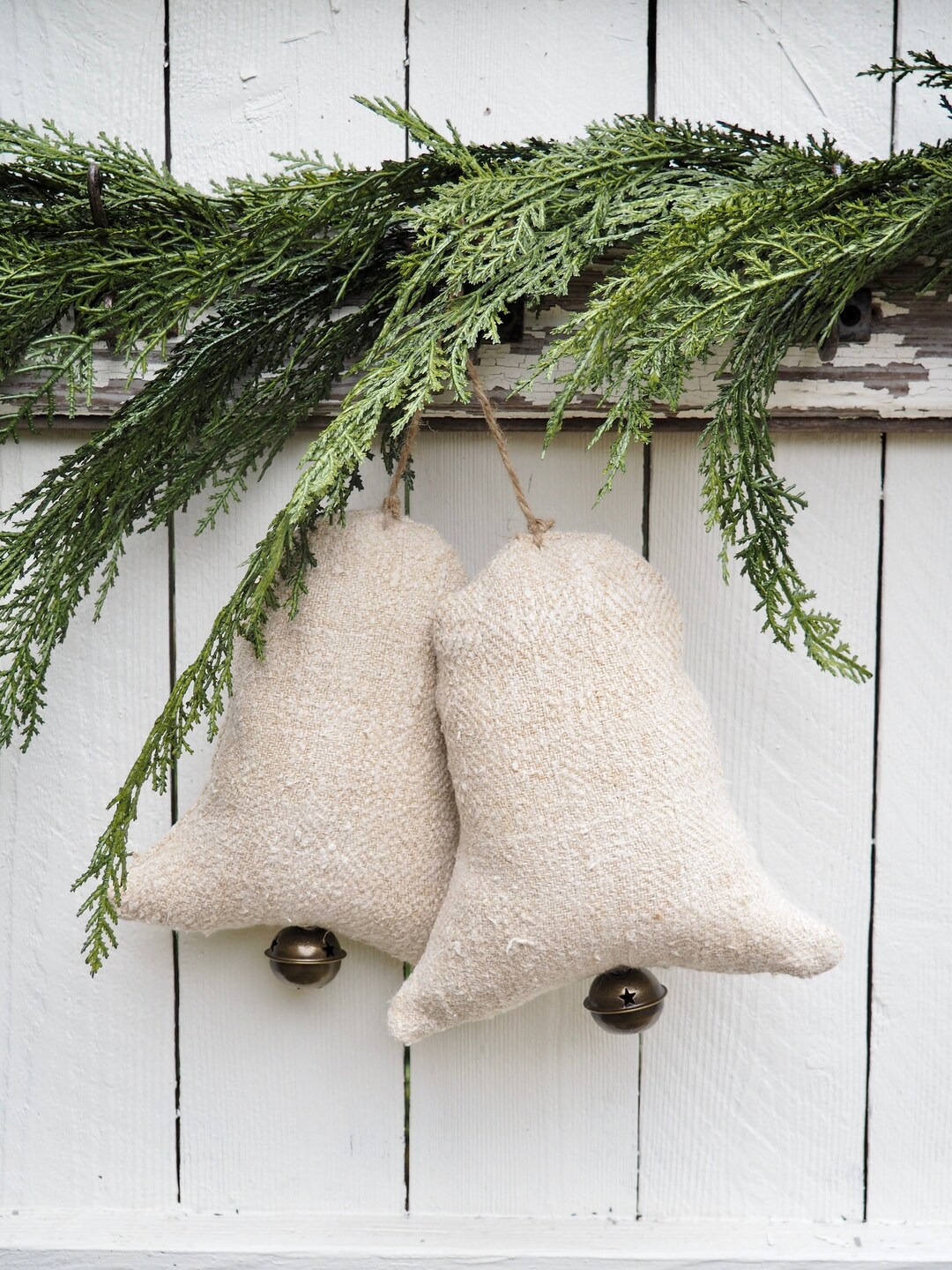 Vintage European Grain Sack Neutral Hanging Jingle Bells, Holiday Home ...
