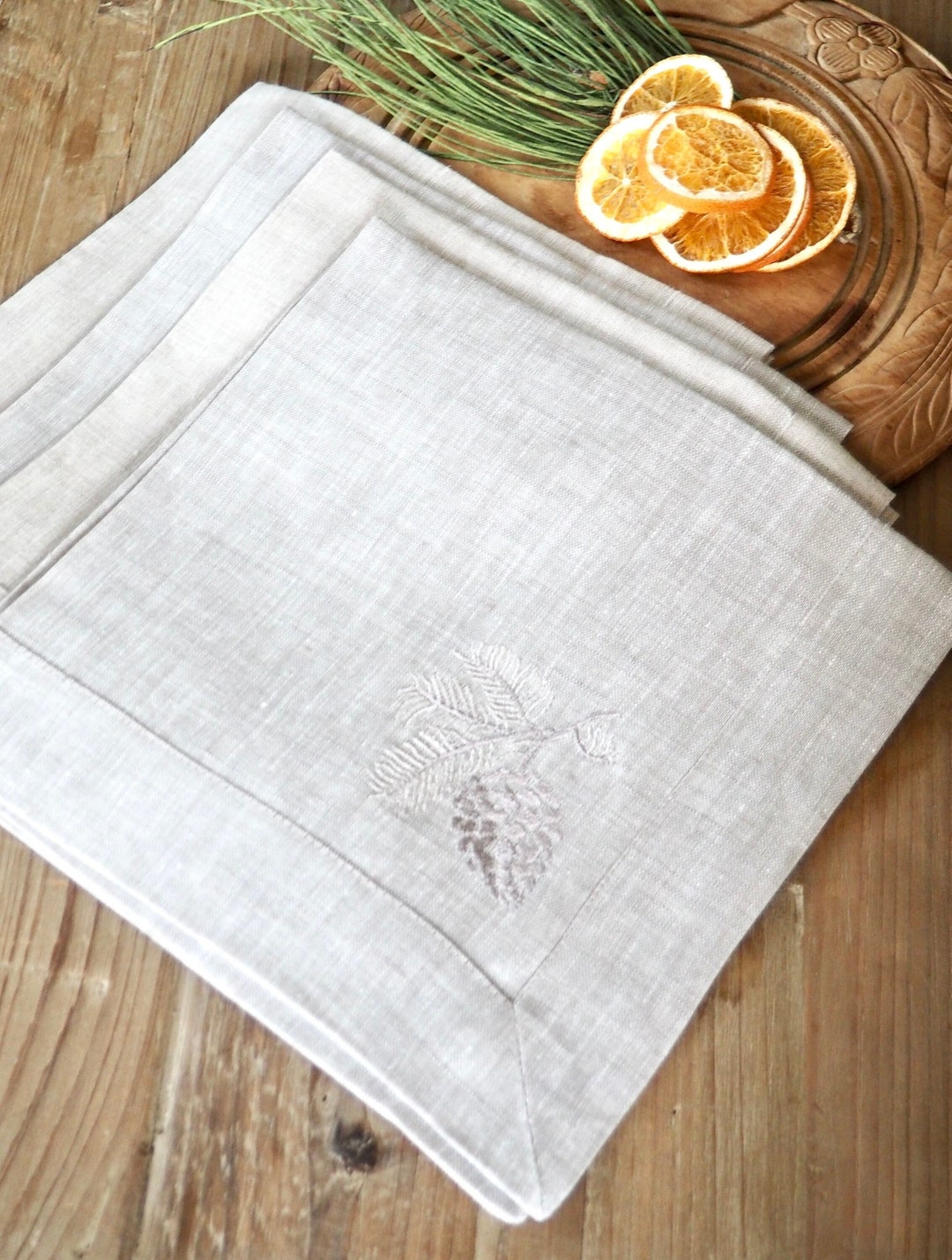 Set of 4 Handmade Linen Embroidered Pinecone Napkins Rustic Holiday ...