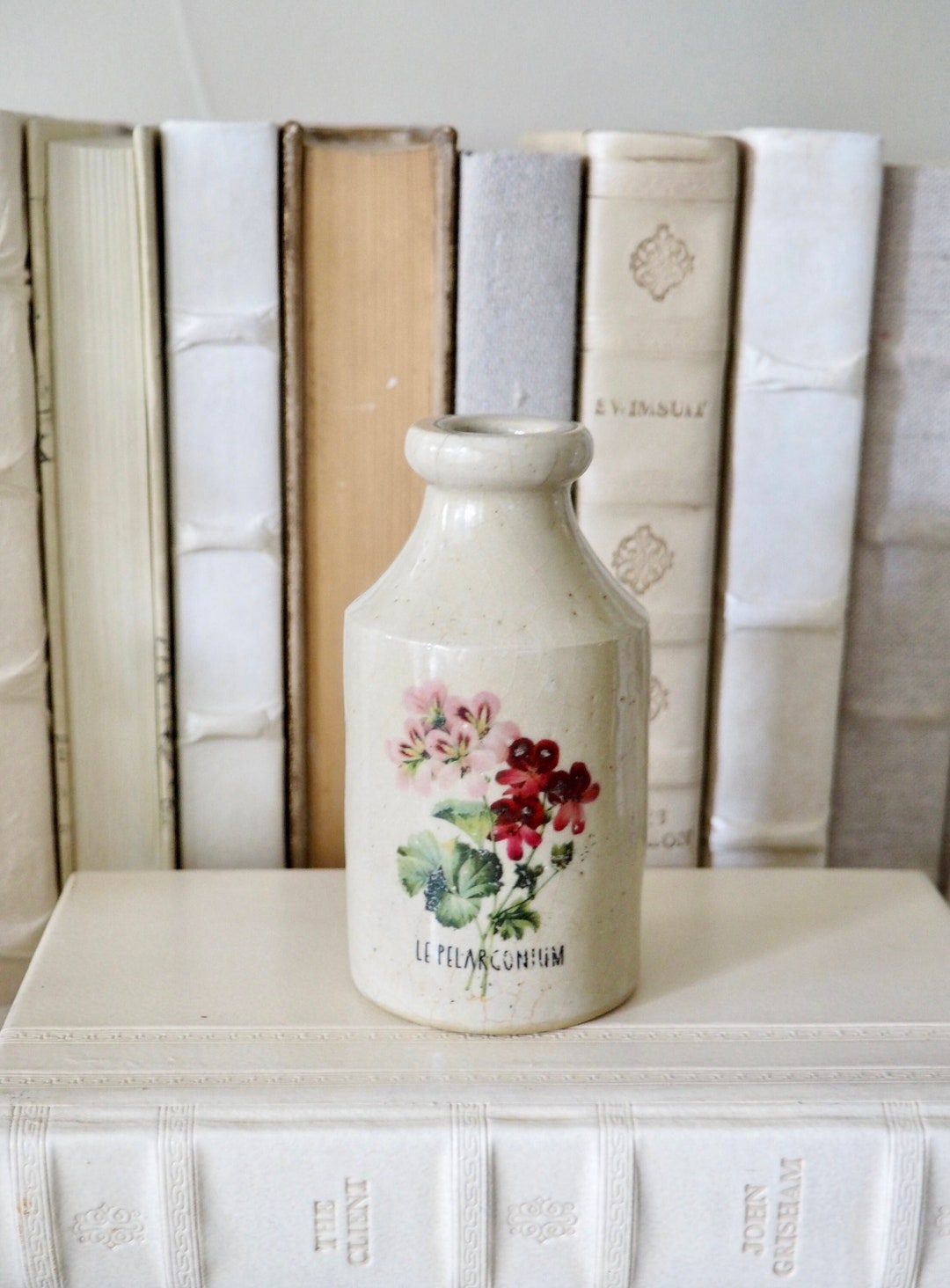 Vintage French Botanical Geranium Stoneware Bottle, Garden Home Decor ...