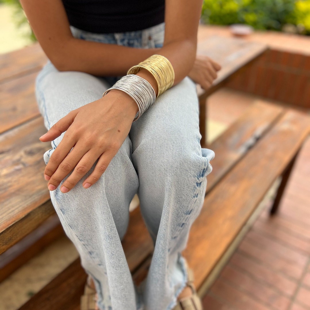 Gorgeous Multi Silver Wide Bangles, Silver Multi Bangle Set, Wired Adjustable Bracelet Cuff ...