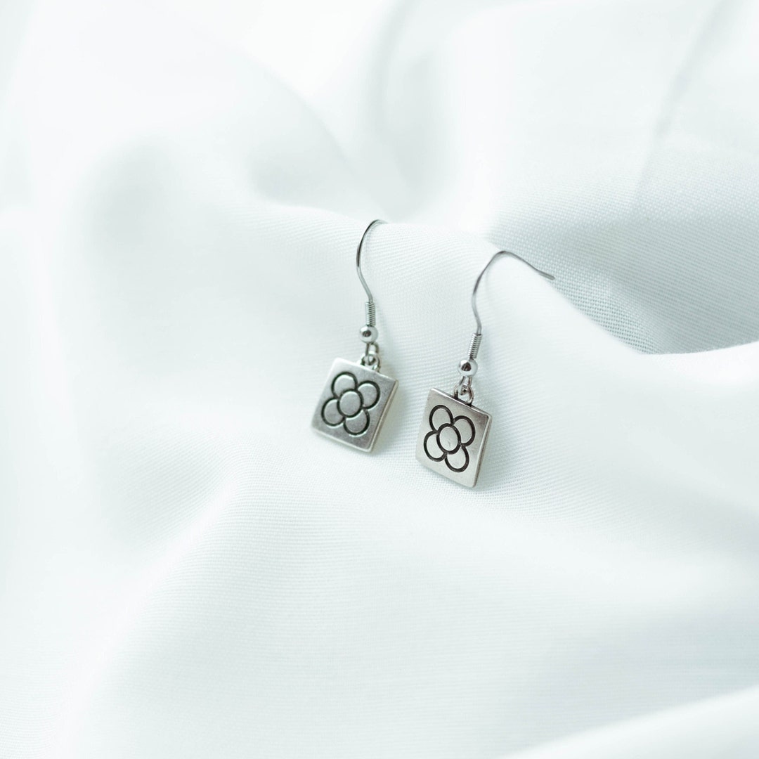 Barcelona Flower Square Tile Drop Earrings Sterling Silver Panot Charm ...