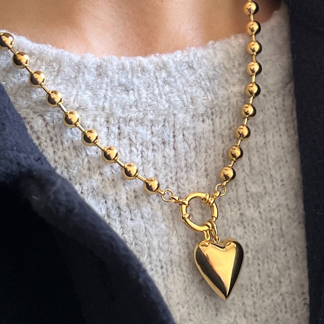 Bold Heart Necklace, Gold Heart Charm, Puff Heart Pendant, Ball Chain ...