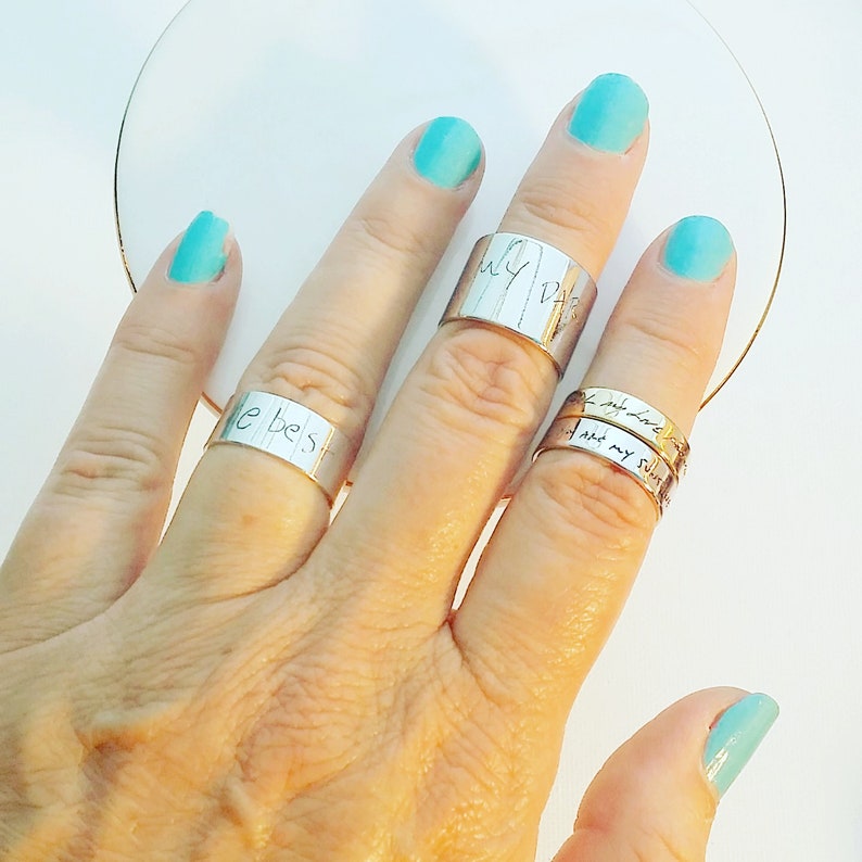 Custom Signature Ring, Handwriting Engraved Silver Ring Band, Stackable Name Ring, Memorial ...
