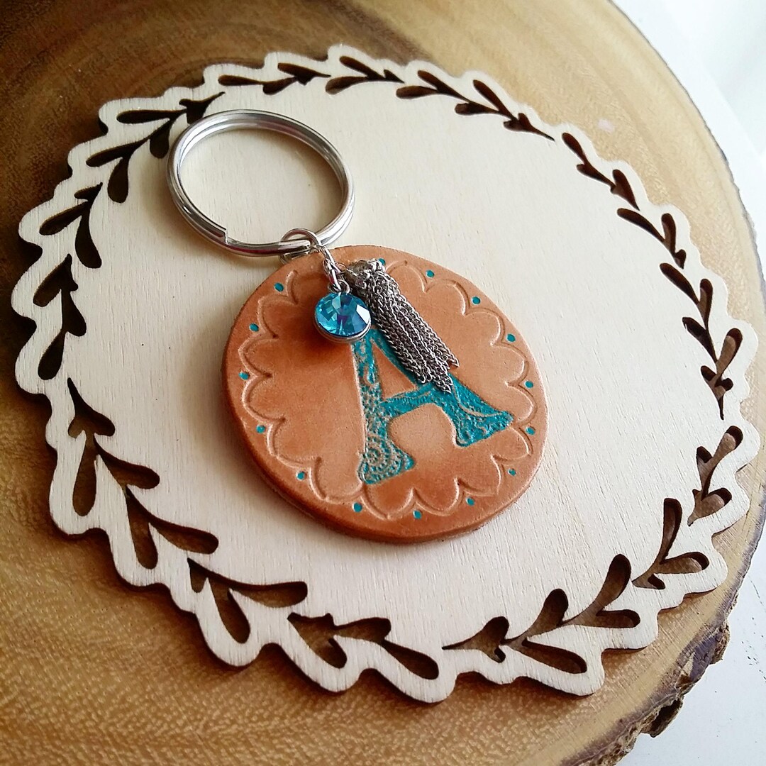 Personalized Leather Keychain, Birthstones Charm, Monogram Initials Key ...