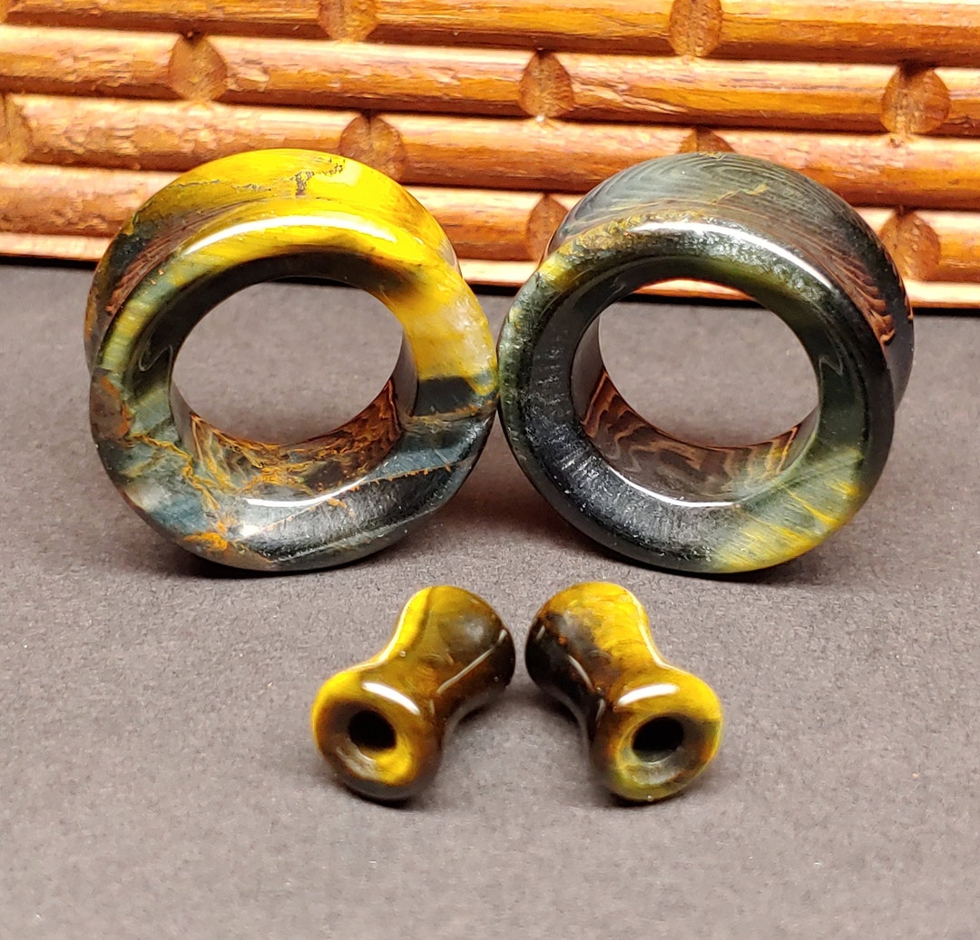 Stone Tunnel Plugs Gauges - Blue Tiger Eye Stone Tunnels - Double Flare ...