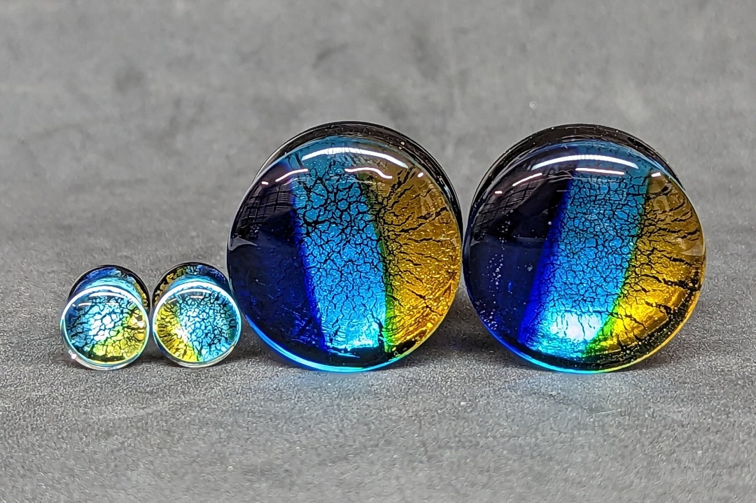 Glass Plugs Gauges - Blue and Gold Art Glass Plugs - Double Flare Body ...
