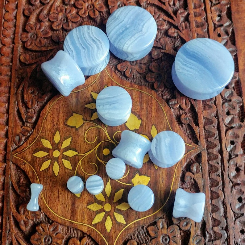 Stone Plugs Gauges Blue Stripe Agate Stone Plugs Double | Etsy