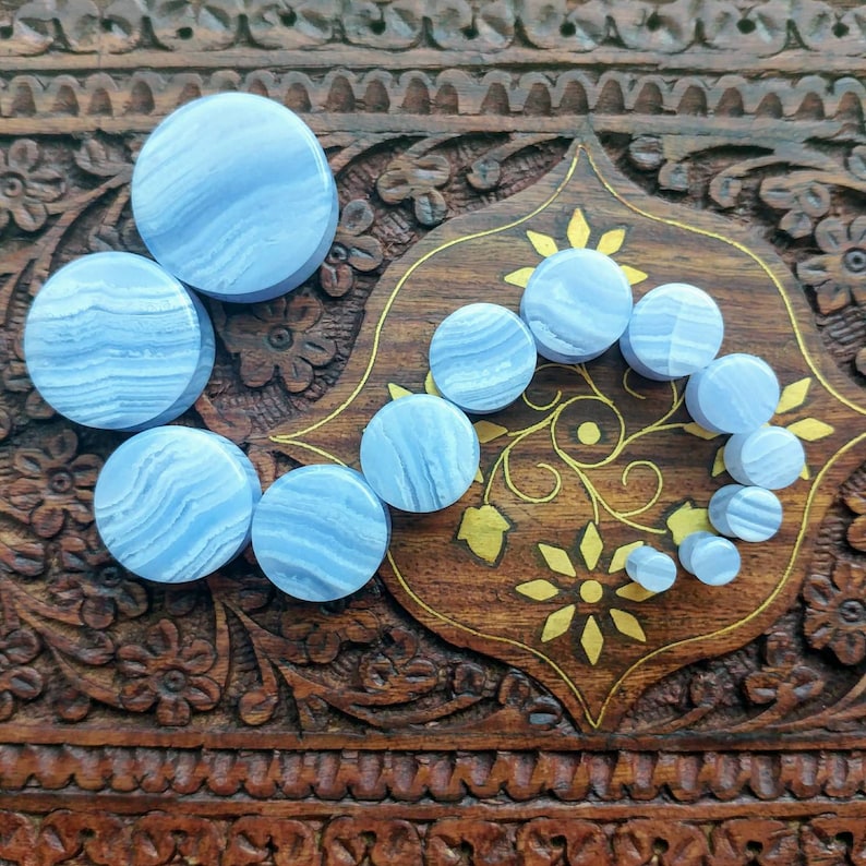 Stone Plugs Gauges Blue Stripe Agate Stone Plugs Double | Etsy