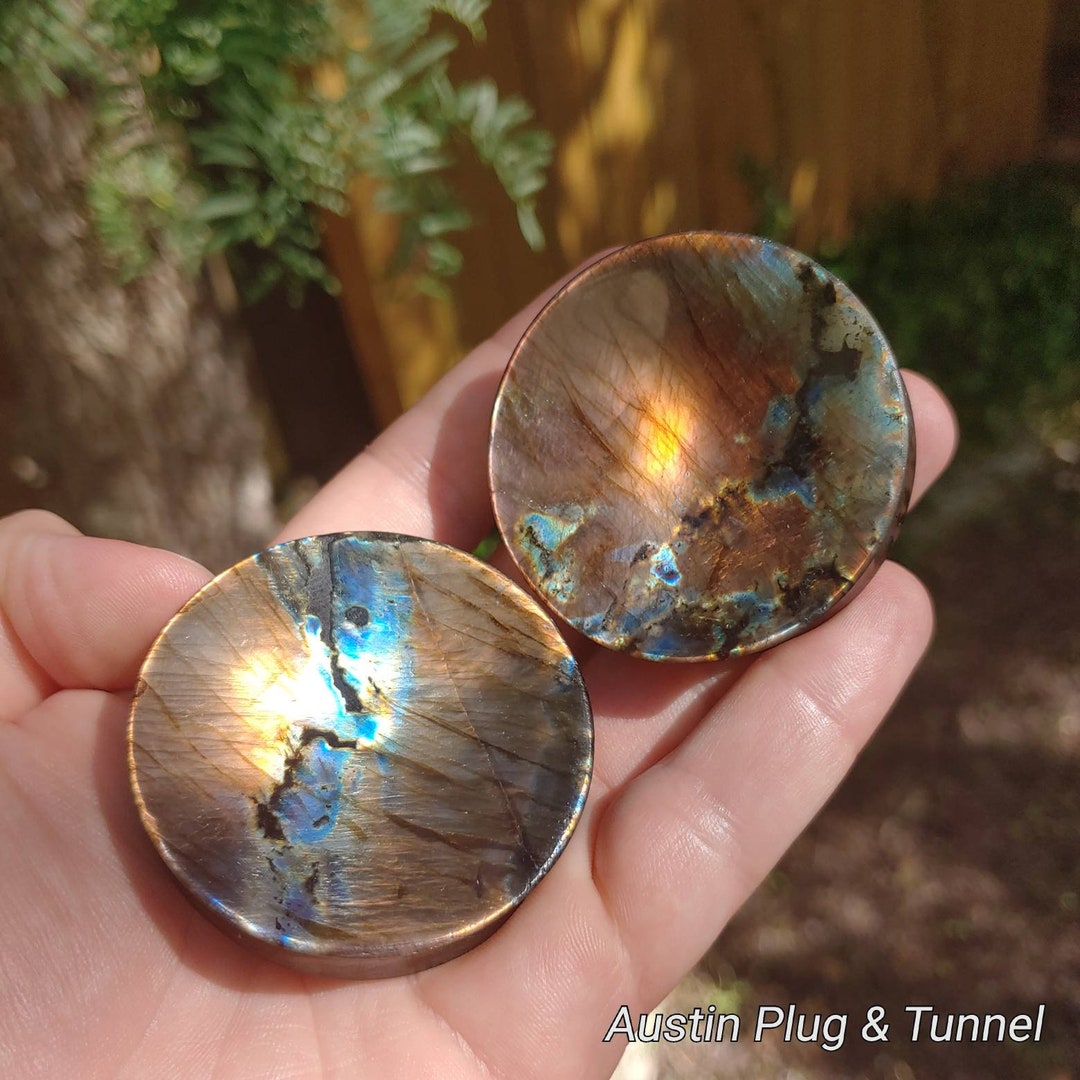 50MM (2 Inch) Concave Front Labradorite Stone Plugs Pink Rainbow Flash ...