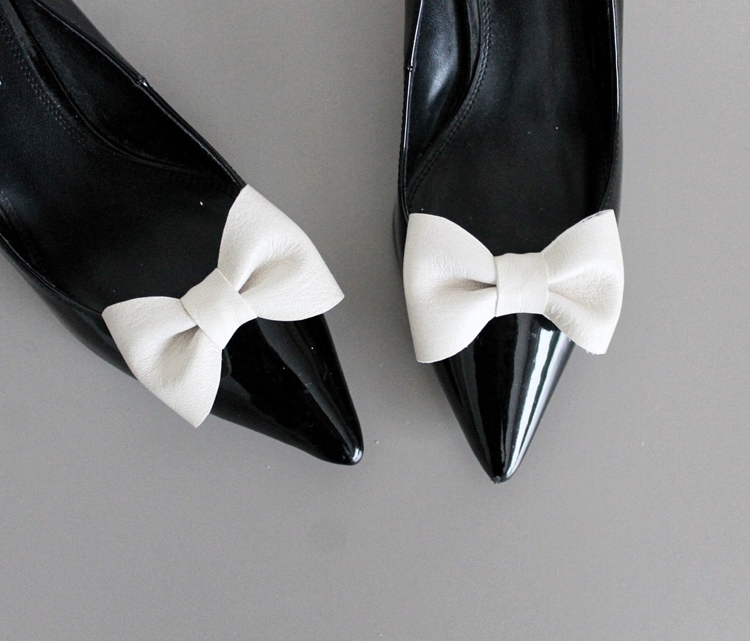 White Leather Bow Clips for Shoes (pair of 7 Cm - 2.75 Inches) . Ivory ...