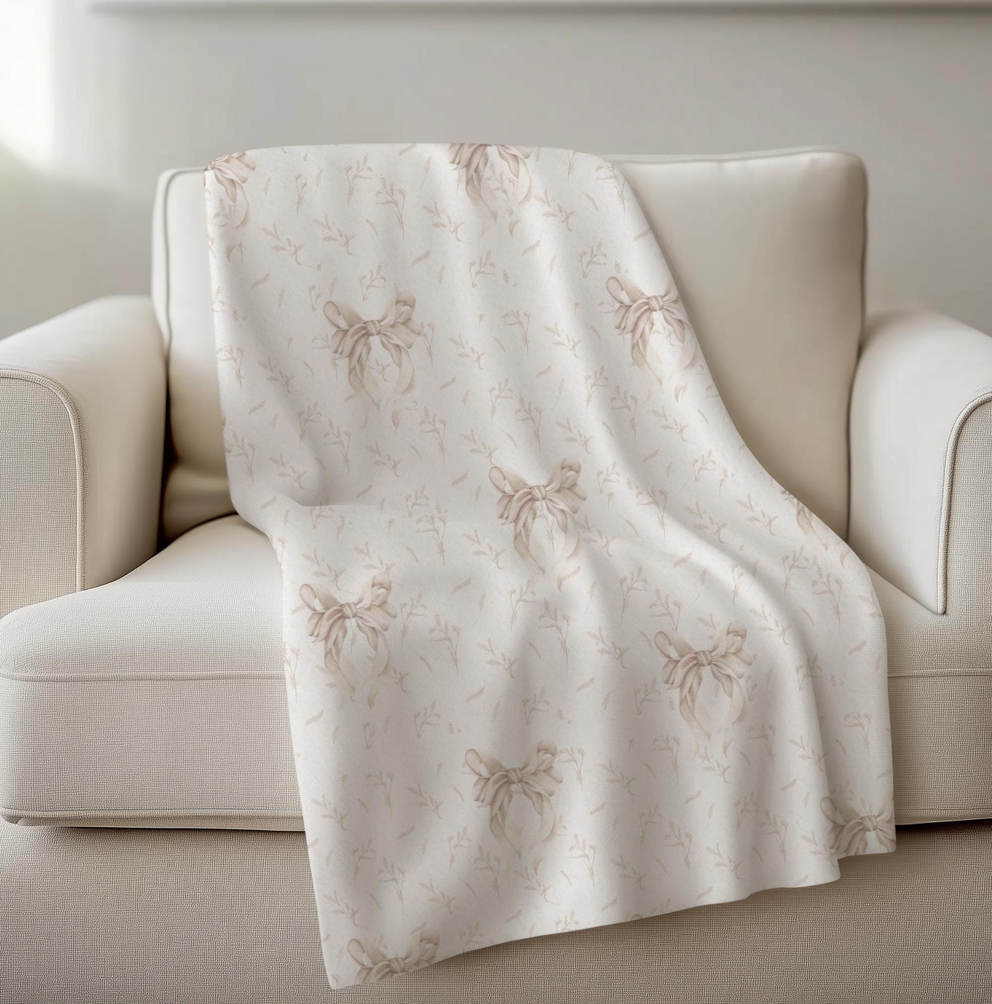 Cream Throw Blanket Neutral Home Decor Cozy Soft Bow Pattern Gift for ...