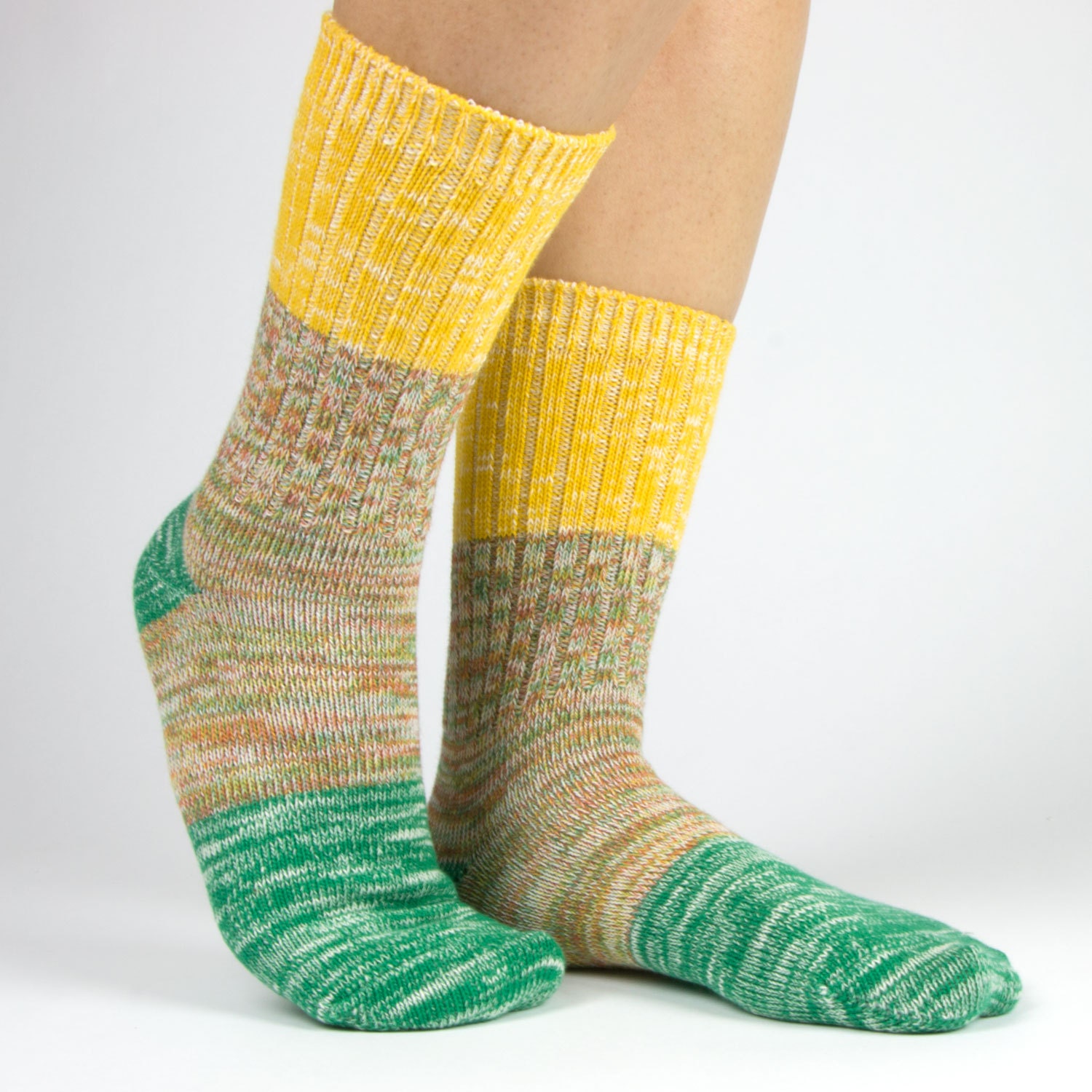 Cotton Color Block Two-tone Threads Crew Socks for Women Yellow Green ...
