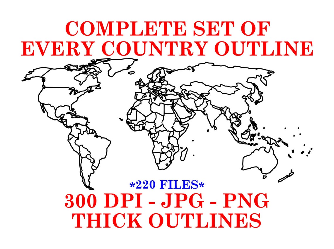 Clip Art Set of Countries in the World Thick Outlines, 220 World ...