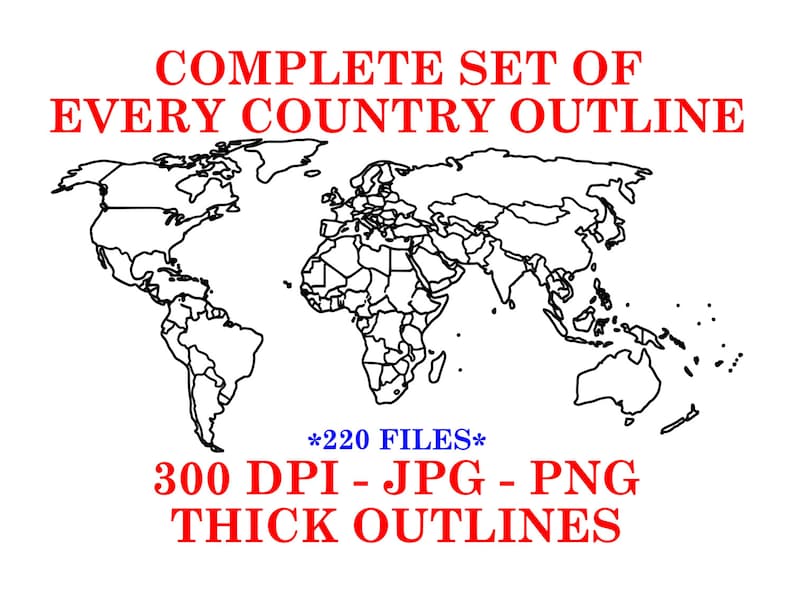 Clip Art Set of Countries in the World Thick Outlines, 220 World ...