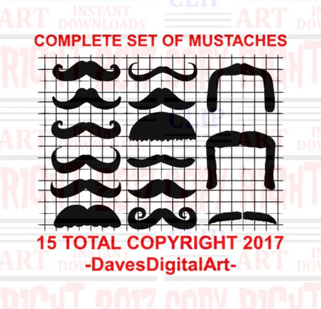 Set of 15 Mustache Clip Art, Curled Mustache, Chevron Mustache, Dali ...