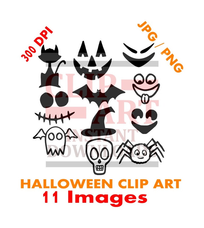 Set of 11 Plain Black Halloween Clip Art, Black Cat, Pumpkin Face ...