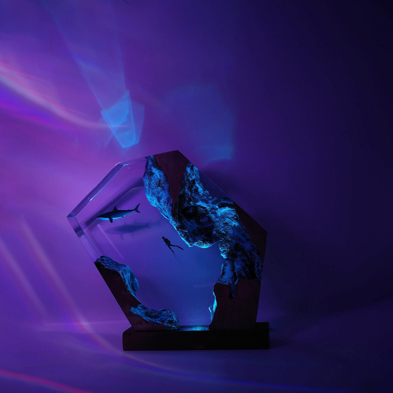 Shark, Diver, Scuba Resin Wood Lamp, Shark Gift, Ocean Theme Diorama ...