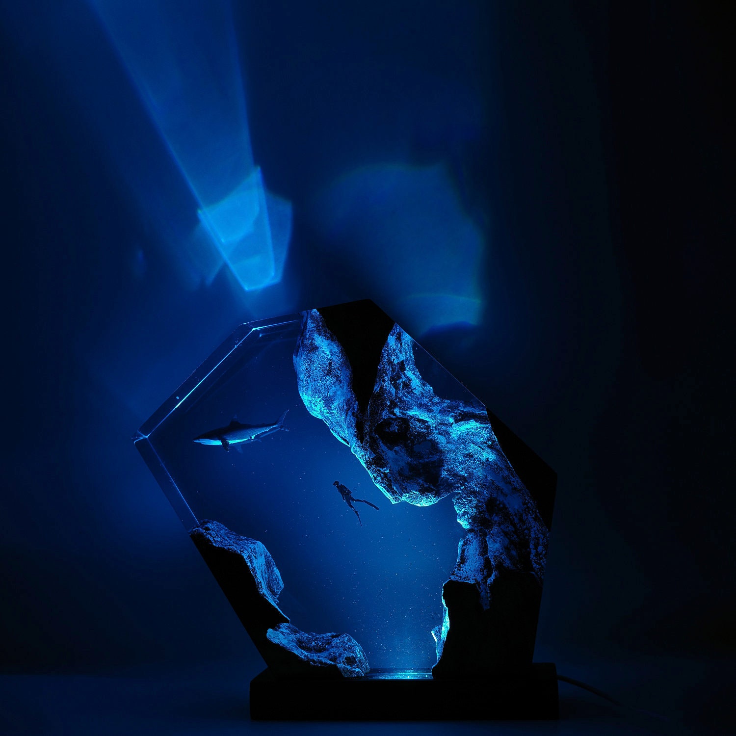Shark, Diver, Scuba Resin Wood Lamp, Shark Gift, Ocean Theme Diorama ...