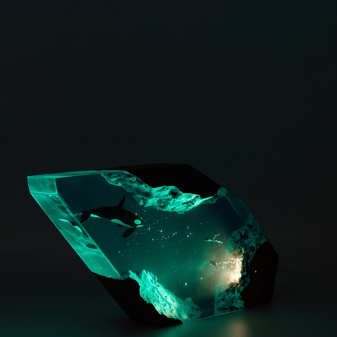 Orca, Diver, Scuba Resin Wood Lamp, Orca Gift, Ocean Theme Diorama ...